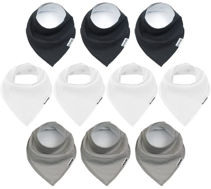 Dollarbaby Bandana Drool Bibs 10 Pack Solid Basic Color Baby Bibs for Boys, Girls, Unisex for Teething and Drooling (Black, Gray & White)