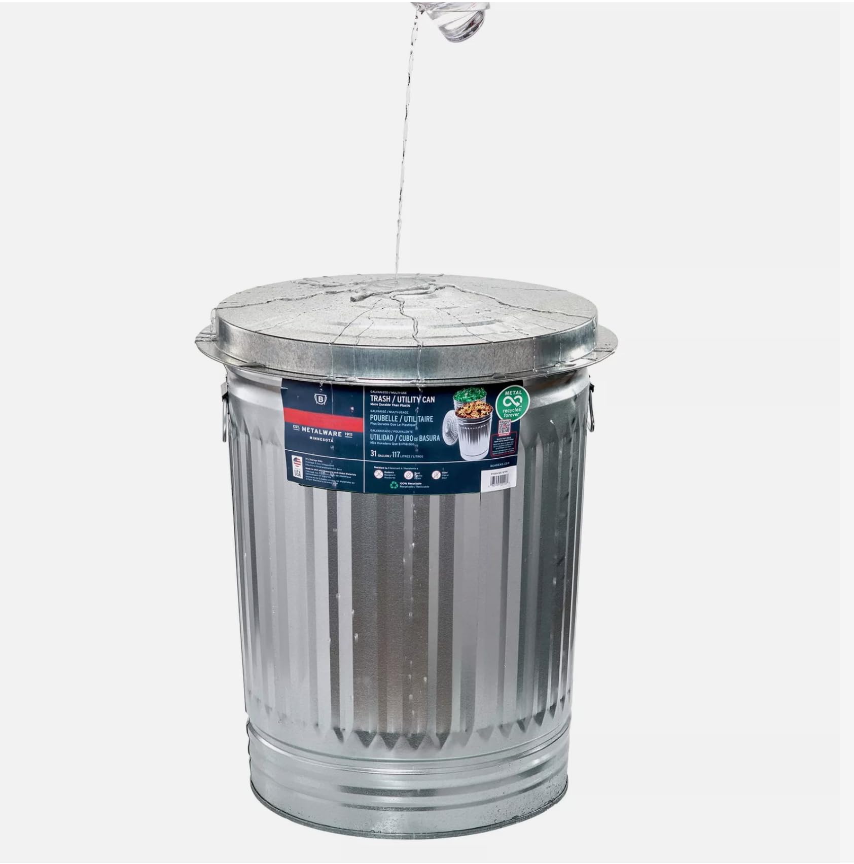 Generic 31-Gallon Galvanized Steel Trash Can - Galvanized Trash can with lid - Metal Trash can - Trash can with lid - Outdoor Garbage can with lid -Steel, Gray (Pack 2)