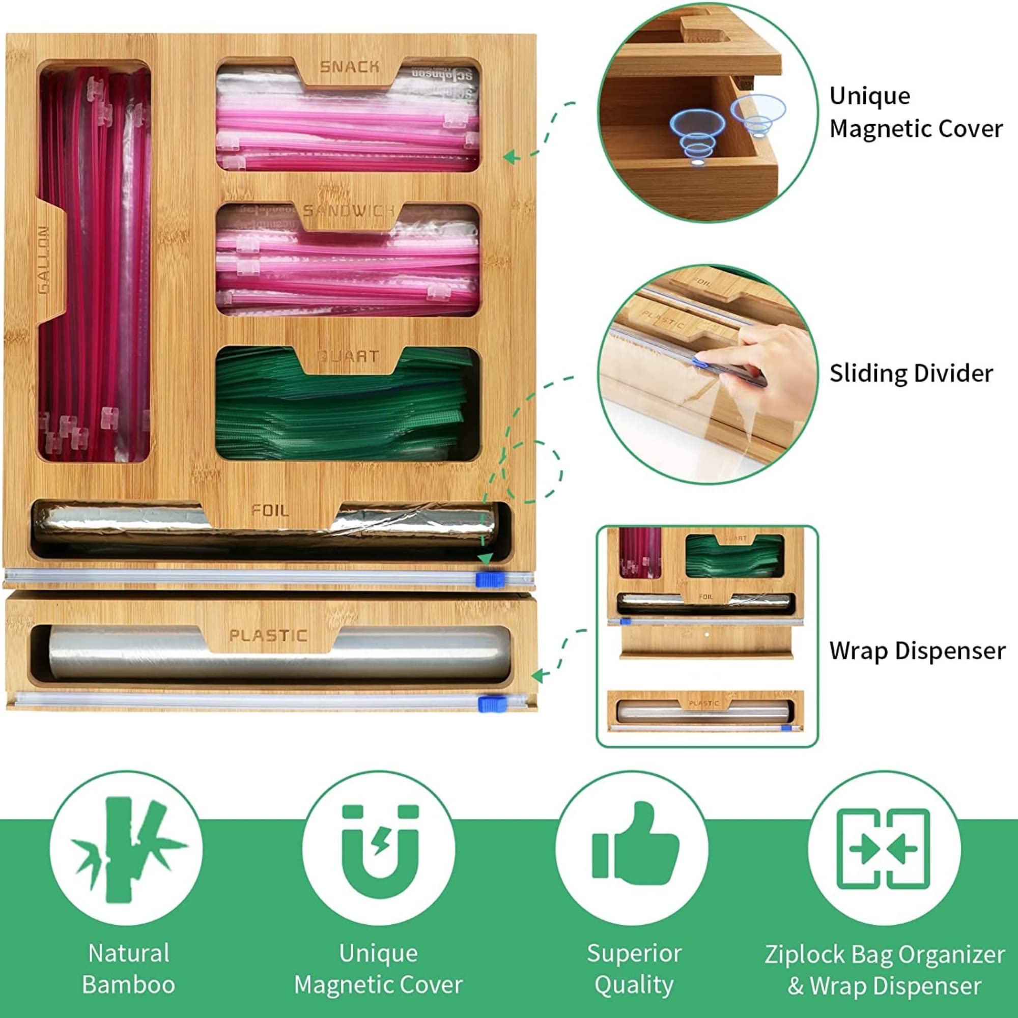 memrable [6 in 1] Ziplock Bag Storage Organizer, Aluminum Foil and Plastic Wrap Dispenser with Cutters, For Sandwich, Snack, Gallon, and Quart | Bamboo Kitchen Organizer