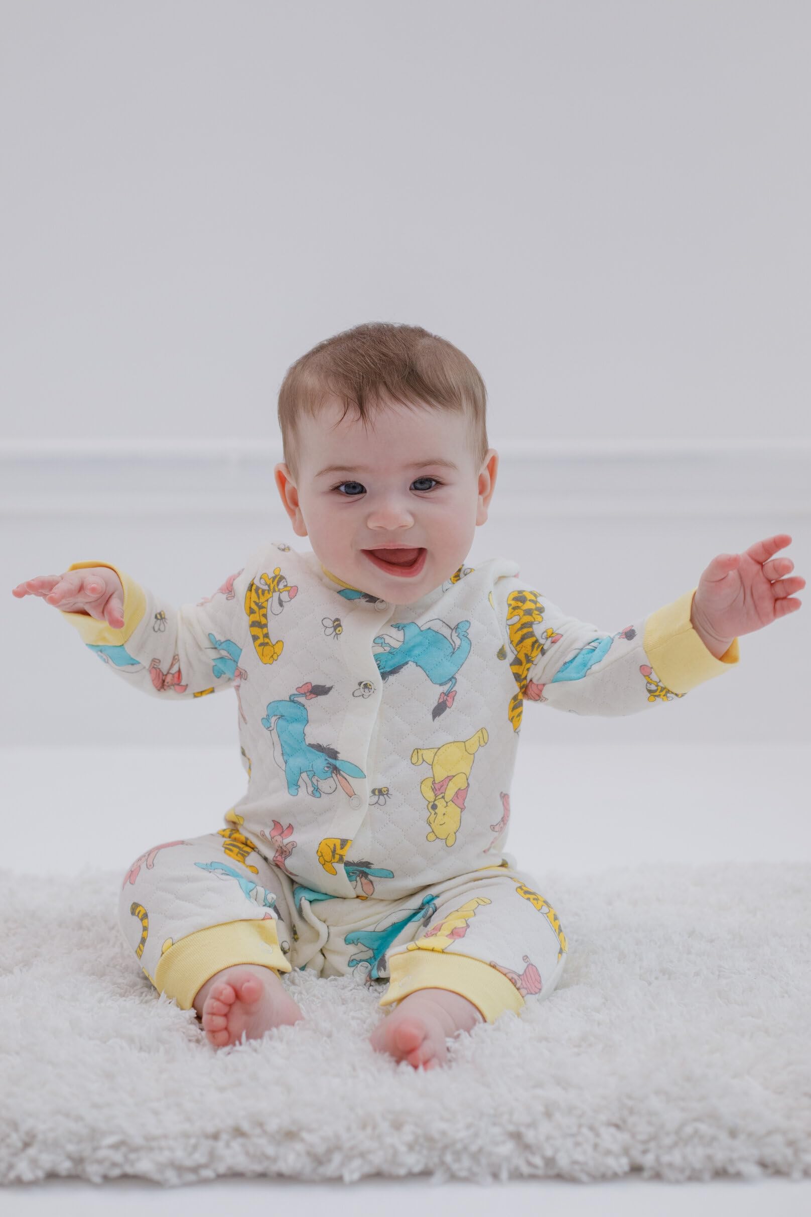 Disney Winnie the Pooh Eeyore Tigger Piglet Newborn Baby Boys Quilted French Terry Snap Coverall White 0-3 Months