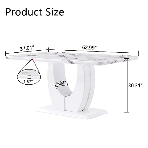 LKTART 63'' Dining Table Faux Marble White Desktop for Kitchen Dining Living Room