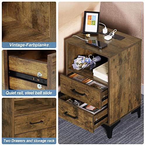 LYNCOHOME Nightstand with Wireless Charging Station and LED Lights, Modern End Table with 2 Drawers and Open Storage for Bedroom, Brown