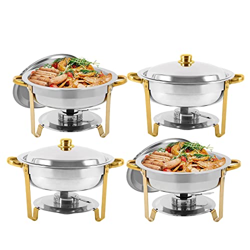 Restlrious Chafing Dish Buffet Set Stainless Steel Round Chafers and Buffet Warmers Sets 5QT 4 Pack, Complete Set for Buffet Catering w/Water Pan, Food Pan, Fuel Holder and Lid in Gold Accent