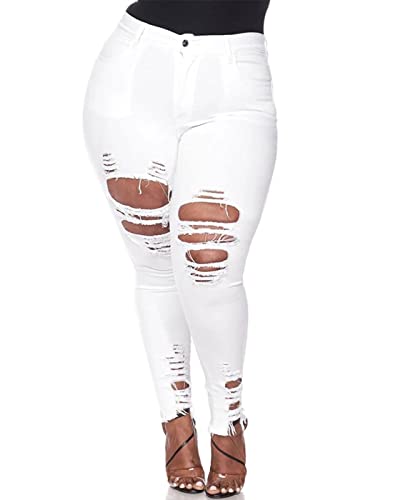 PYL Women Plus Size Denim Ripped Jeans, Distressed Skinny Stretchy White Jegging Pant (L-5XL)