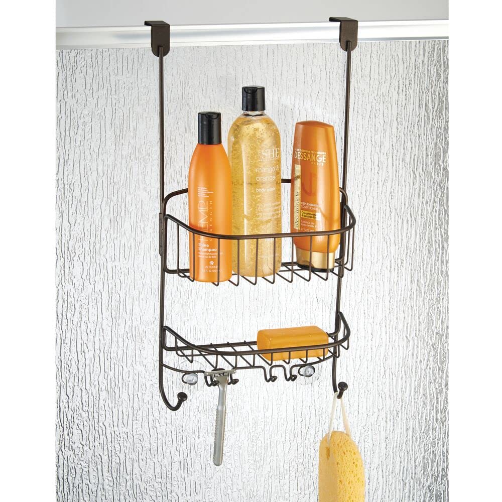 mDesign Steel Over Door Hanging Shower Caddy Storage Organizer with 2 Baskets, 6 Hooks - Shower Shelf Rack for Bathroom - Holds Shampoo, Conditioner, Soap, Towel, Sponge - Draper Collection - Bronze