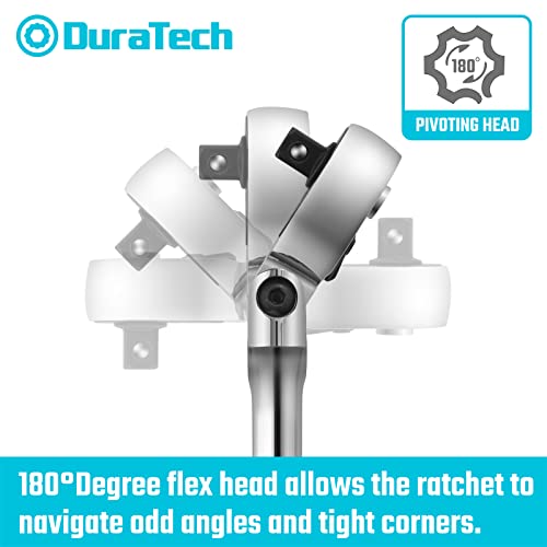 DURATECH 3/8" Drive Flex-Head Ratchet, 72-Tooth Ratchet Wrench, Quick-release, Reversible Switch, Full-Polished Chrome Plating, Alloy Steel