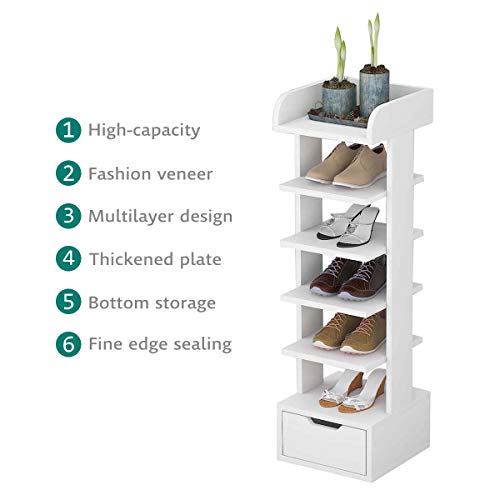 Mepplzian 6-Tier Vertical Shoe Rack, 11” Wooden Shoe Storage Stand with Drawer, Modern Shoe Rack Organizer, Free Standing Shoe Rack Cabinet for Closets Entryway & Small Space, White