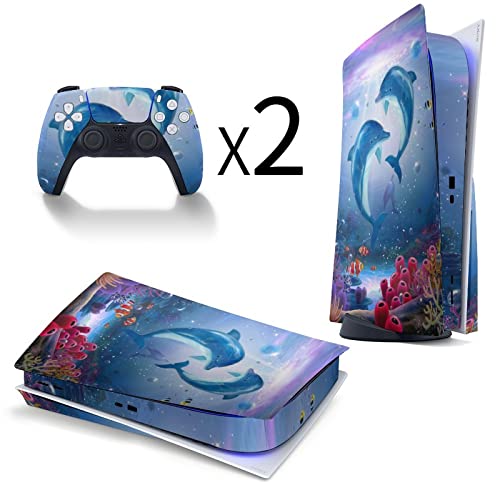 Dolphin Family in Colorful Tropical Ocean Full Protective Skin Cover Design Wrap Decal Sticker Compatible with PS5 Disk Version Console and Controller