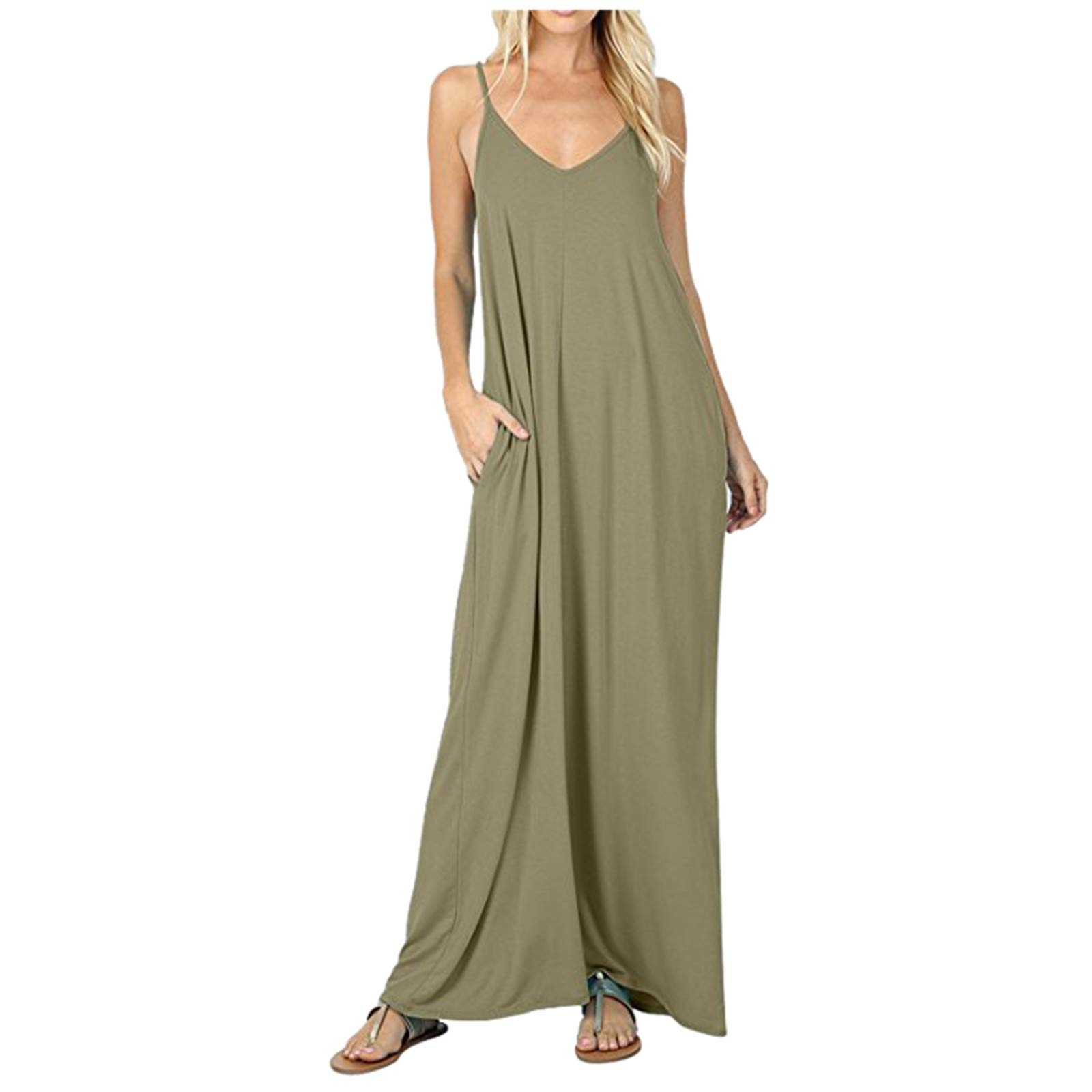 Padaleks Women's Spaghetti Strap V-Neck Full Length Dress Sexy Sleeveless Camisole Beach Party Dresses with Pocket