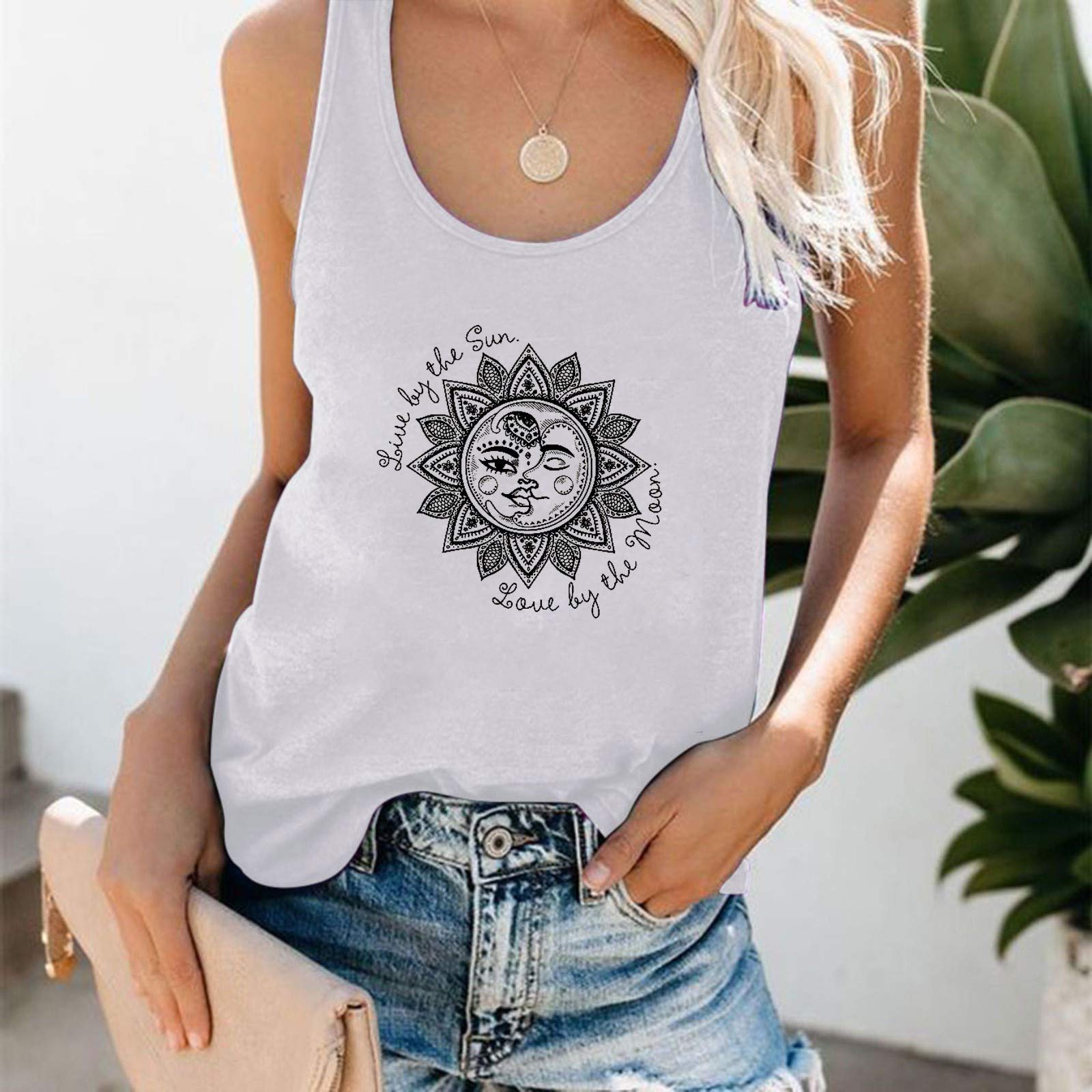 Padaleks Womens Sun Moon Tank Top Funny Printed Graphic Tees Shirts Summer Sleeveless O-Neck Casual Blouse Tops