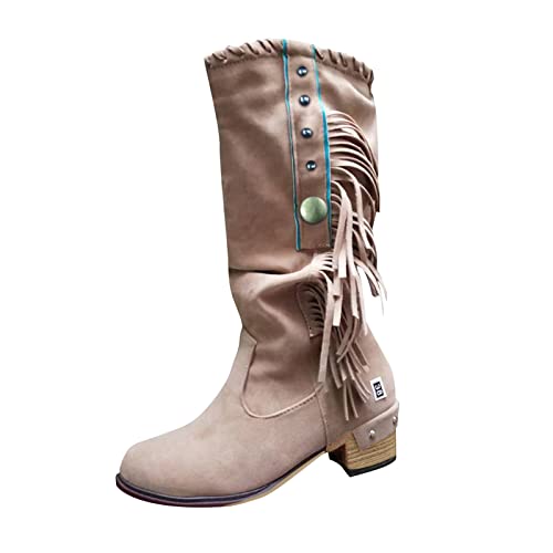 FASDNENDYS Knee High Boots Women are Boots Retro Squ Casual Shoes Sleeve Fringed Women's Mid Calf Suede Boots Khaki