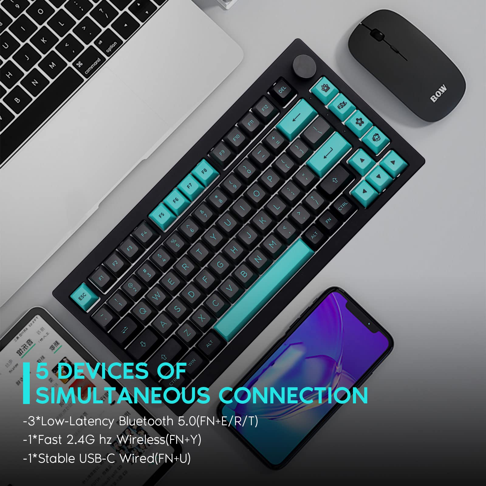 EPOMAKER AKKO 5075B Plus Gasket Hot Swap Mechanical Gaming Keyboard, 2.4GHz/Bluetooth 5.0/USB-C Wired PC Keyboard, with Poron Foam, Knob Control, Side RGB, Dual Plate for Win/Mac/Linux(Cyan, Silver)