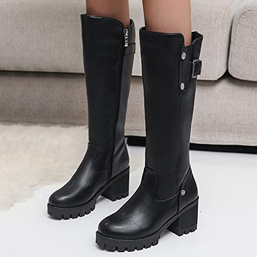 FASDNENDYS Knee High Boots Women High Shoes Fashion Short Boots Retro Zipper Chunky Women's Short Ran Boots Black