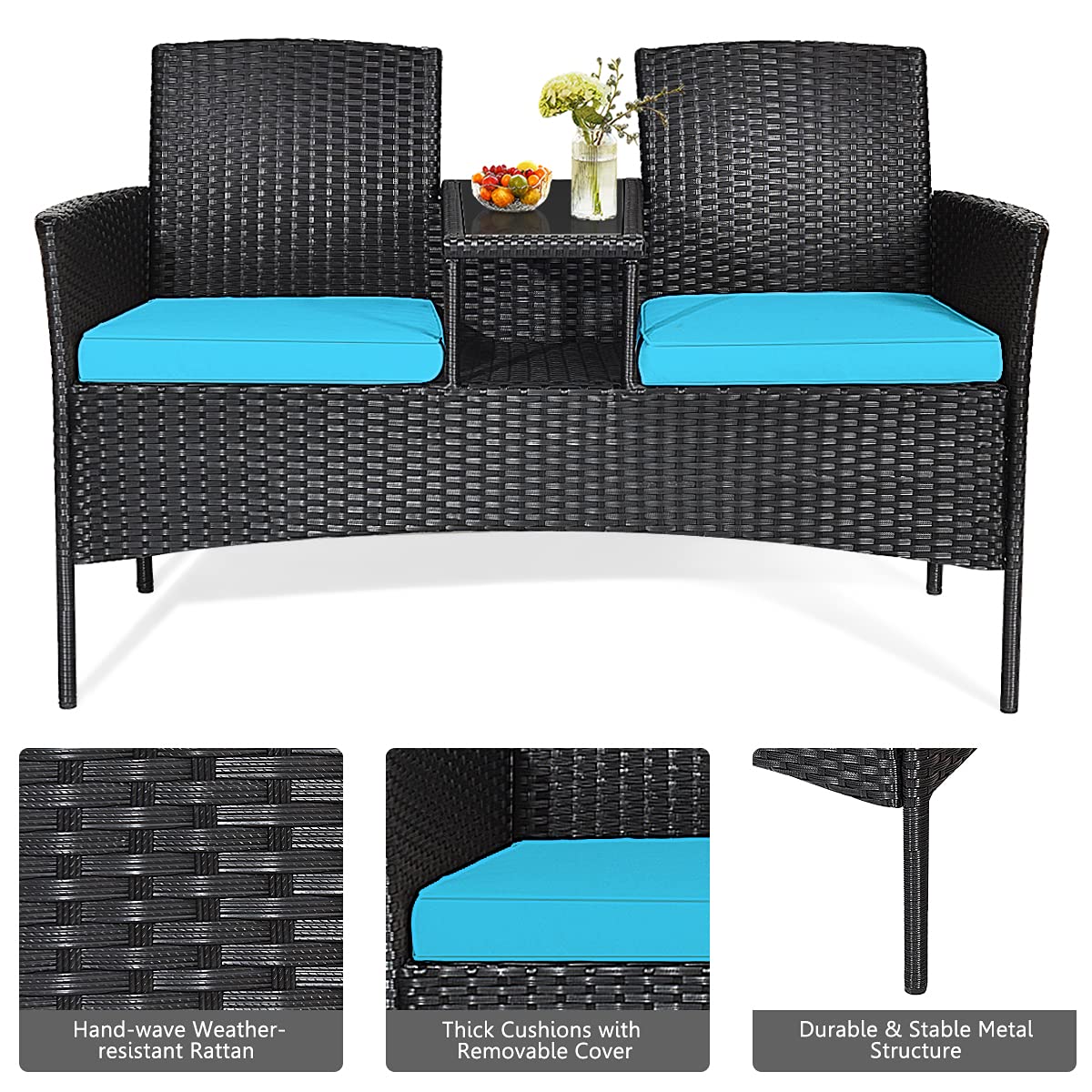 LDAILY Patio Conversation Set, Modern Rattan Loveseat, Outdoor Furniture Set with Removable Cushions & Table, Patio Wicker Sofa Set, Tempered Glass Top, Ideal for Garden Lawn Backyard