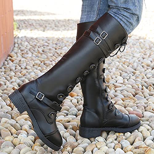 FASDNENDYS Knee High Boots for Women Boots Buckle Toe Lace Decor Shoes Ladies Squared Large Calf Knee Boots Black