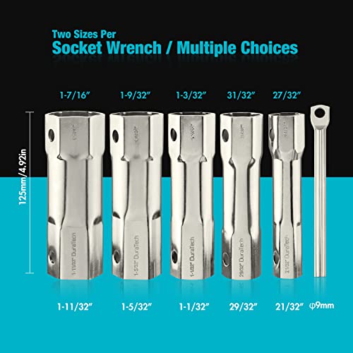 DURATECH Shower Valve Socket Wrench Set with Bar Handle for Removing Tub & Shower Valve,5-Piece, includes 21/32”x 27/32”, 29/32”x 31/32”, 1-1/32” x1-3/32”, 1-5/32”x1-9/32”, 1-11/32”x 1-7/16”
