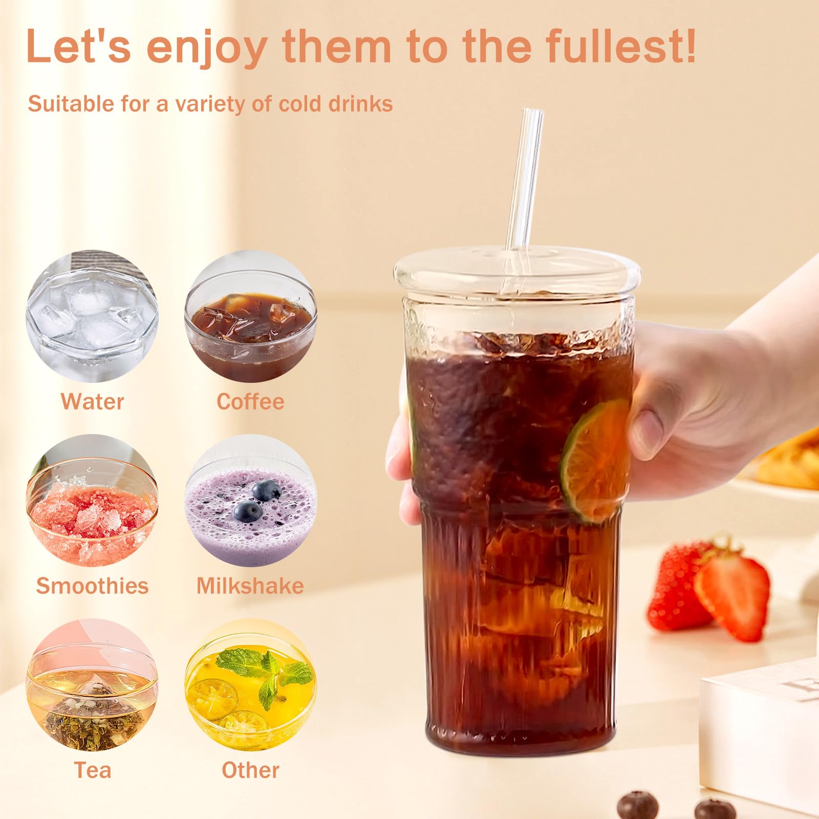 GOSCHE Glass Cups with Straws and Lids 2Pcs, 20oz Glass Cups Drinking Jar, Clear Iced Coffee Cups, Vintage Ripple Glassware for Water Coffee Tea, Clear