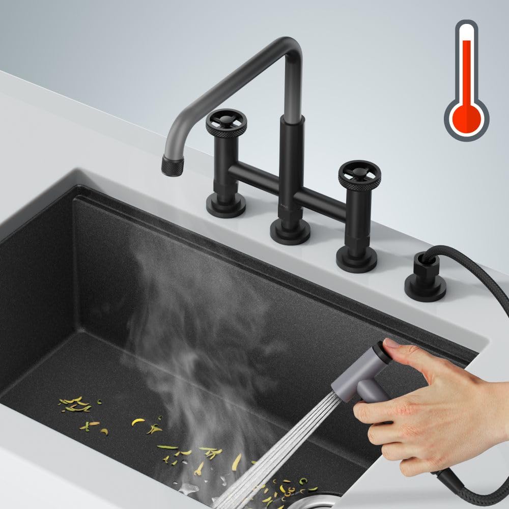 KRAUS Urbix Color-Changing Industrial Bridge Kitchen Faucet with Side Sprayer and ColorSmart Technology in Matte Black/Grey, KPF-3125MBGRCC
