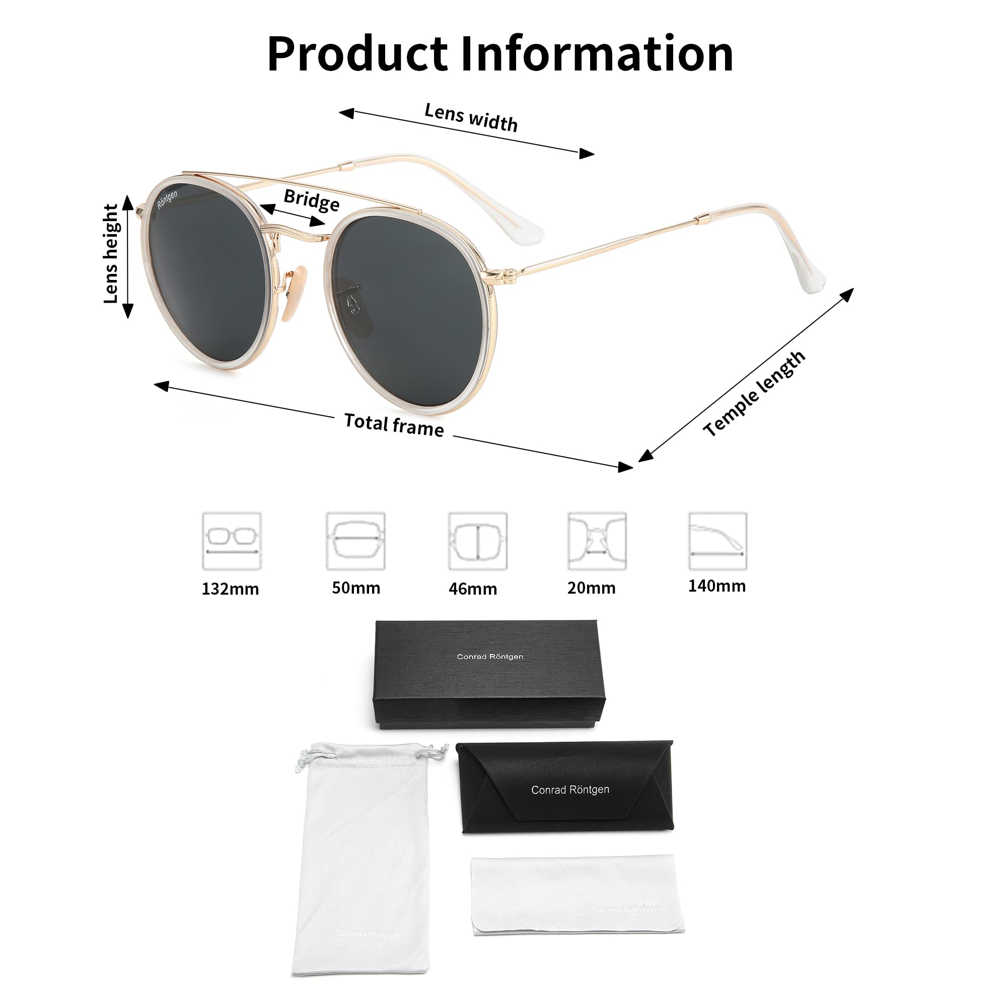 CONRAD RONTGEN Retro Round Sunglasses for Women Men Double Bridge UV400 Protection Black Frame Black Lens