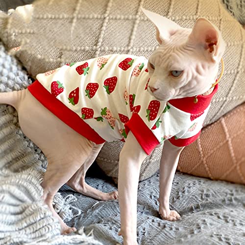 Sphynx Cat Summer Clothes for Cats Only Pattern Cotton T-Shirts Soft Breathable Pullover Vest with Sleeveless Kitten Shirts for Sphynx (L(7.3-9.7lbs), Strawberry)