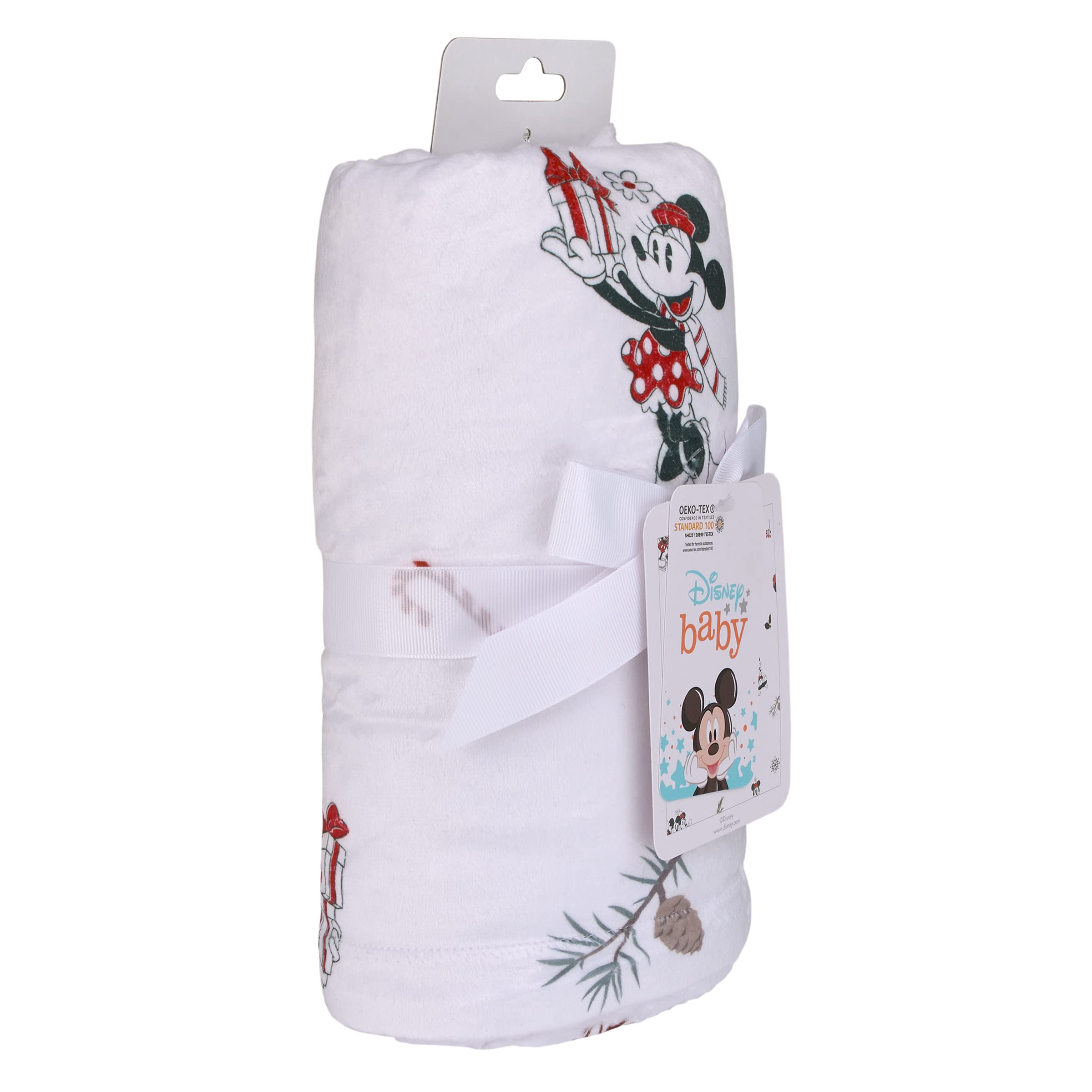 Disney Mickey and Minnie Mouse White, Red, and Green Ice Skating Sledding Christmas Holiday Super Soft Sherpa Baby Blanket