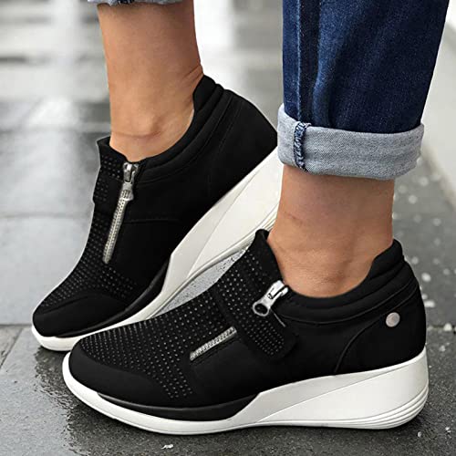 FASDNENDYS Ladies Fashion Solid Color Rhinestone Hook Loop Wedge Casual Swim Shoes for Swimming Women Black