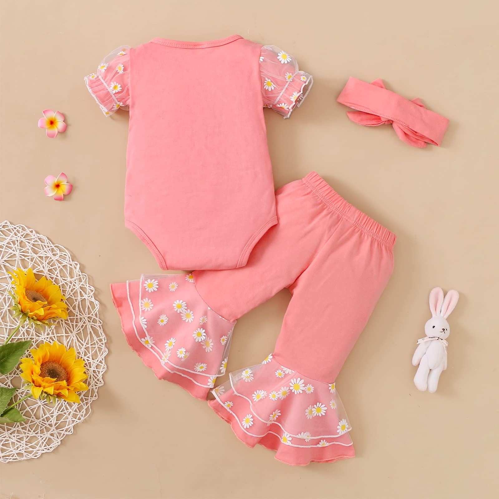 MIEKISA baby girls rompers flared pants suits headband free (Pink, 6-12 Months)