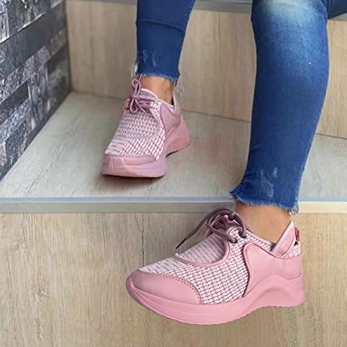 FASDNENDYS Ladies Fashion Color Blocking Mesh Leather Patch Lace Up Thick Soled Casual Sports Shoes Pool Socks Men Pink