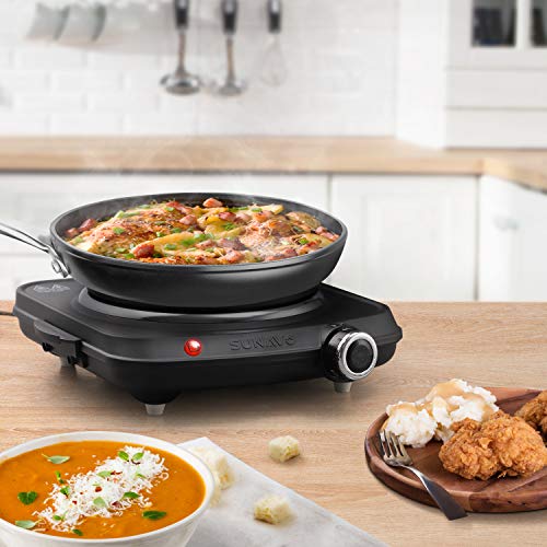 SUNAVO 1500W Hot Plates for Cooking, Electric Single Burner with Handles, 6 Power Levels Stainless Steel Hot Plate for Kitchen Camping RV and More Black