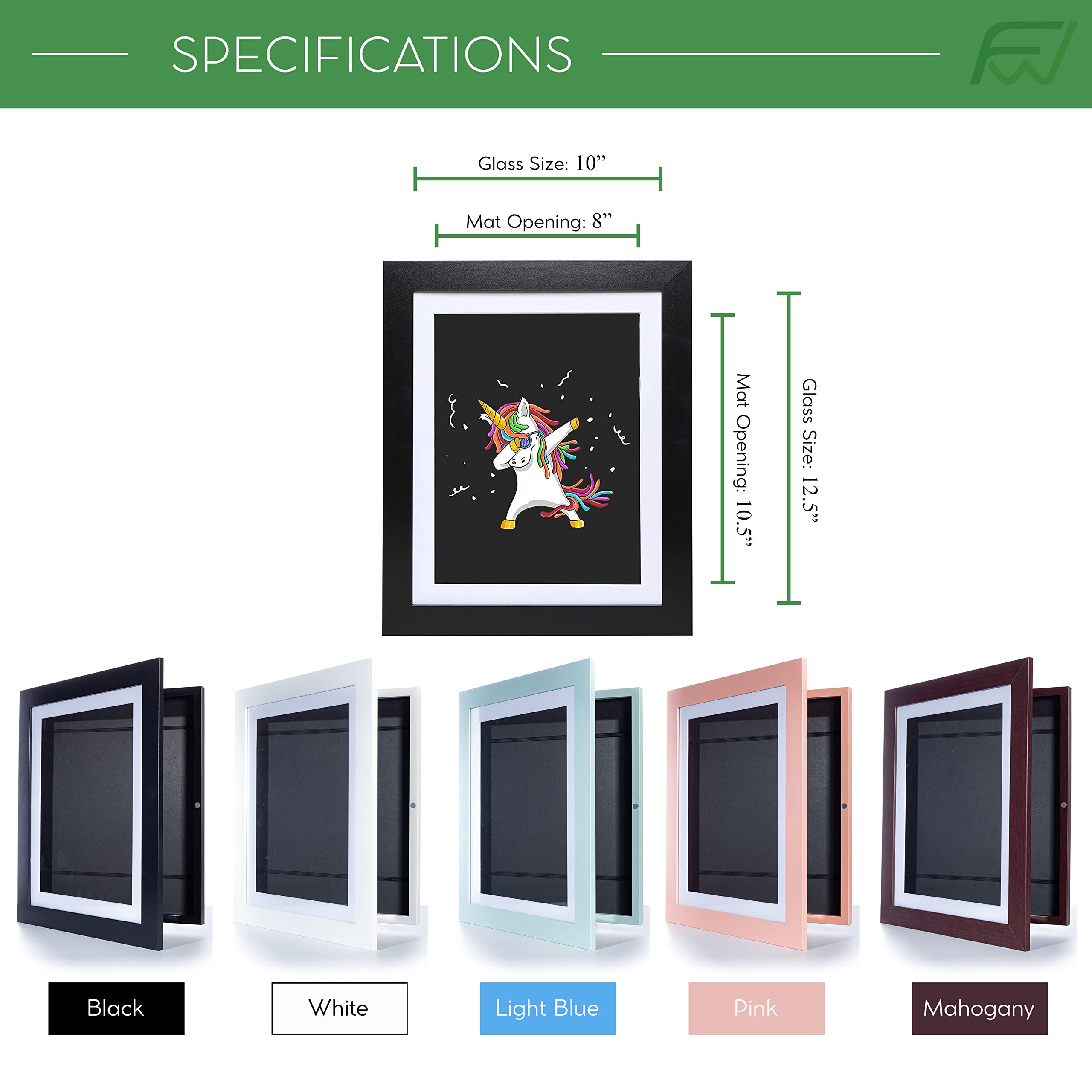 FrameWorks 10β x 12.5β White Wooden Kid Art Frame with Gallery Style Edges, Tempered Glass, and Elastic Straps
