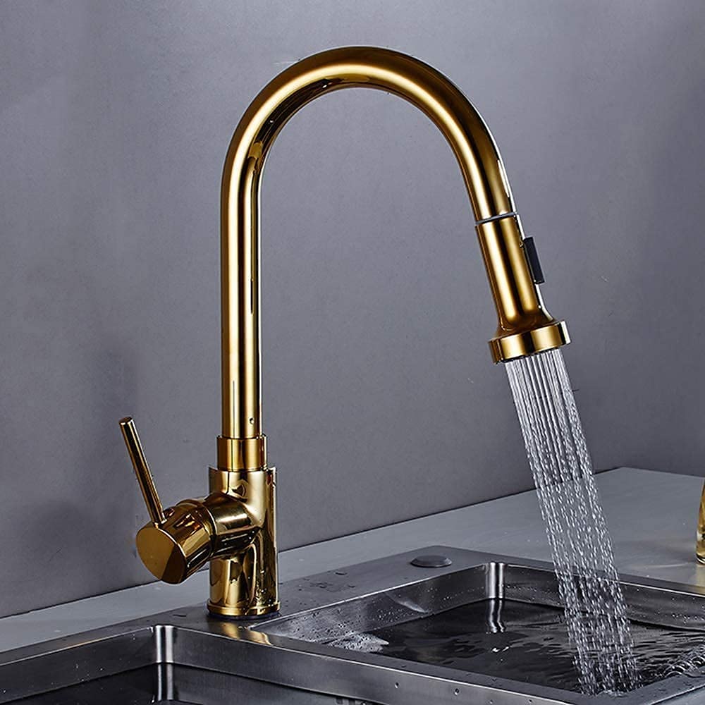 Extendable Kitchen Faucet Gold Faucet Kitchen with Pull-Out Spray Shower Sink Mixer Single Lever Mixer Tap Sink Mixer 360°°Swivel Made of Brass
