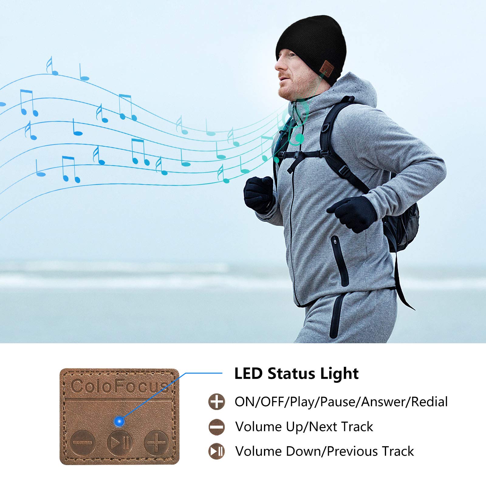 ColoFocus Bluetooth Beanie Hat for Men, Music Hat Men Hat Christmas Beanie Hat, Unique Winter Sports Gifts for Dad Men Husband Boys Black