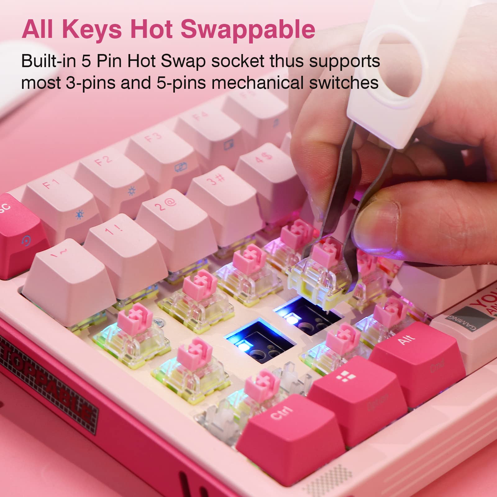 EPOMAKER Royalaxe Y68 NKRO RGB 65% Hot Swappable 2.4Ghz/Bluetooth/USB-C Wired Gaming Keyboard with Sound Absorption Silicon, PBT Double Shot Keycaps for Win/Mac/iOS/Gaming/Office(TTC Gold Pink V2)