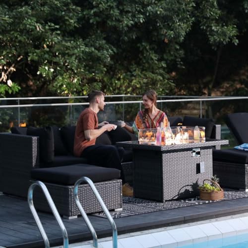 High-Craft 43'' Rectangular Patio Propane Fire Pit Table Gray PE Wicker 55,000 BTU H-Burner Dural Heating Outdoor Firepits 8mm Glass Top & Aluminum Frame Anti-Rust with Cover & Windguard
