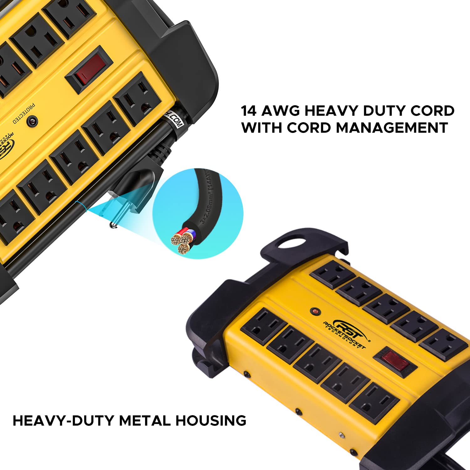 CRST 10-Outlet Heavy Duty Power Strip Surge Protector with 2800 Joules for Garden, Workshop, School, Shop 14AWG 15FT+6FT