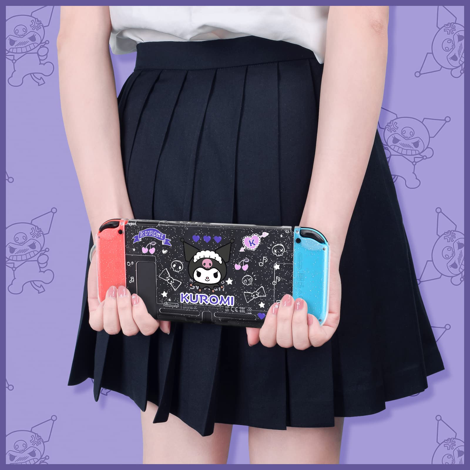 DLseego Little Troublemaker Rabbit Glitter Switch Protective Case Demon Clear Dockable Anti-Scratch Hard Shell Soft TPU Shock-Absorption Joy Con Cover with 2PCS Cute Cartoon Thumb Grips Caps