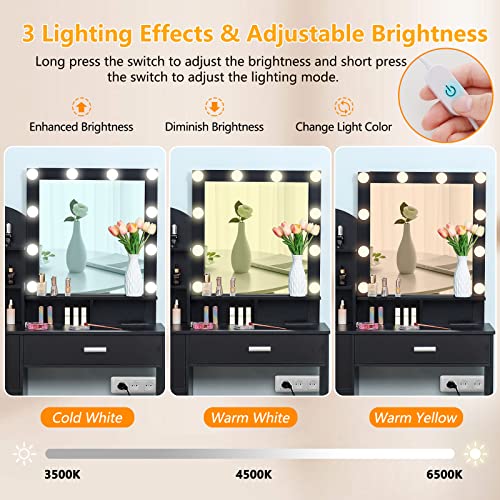 Quimoo Vanity Desk with Mirror and 10 LED Lights, Makeup Vanity with Charging Station and 4 Drawers Chest & Shelves, Vanity Set, Vanity Table with Cushioned Stool, for Bedroom, Black
