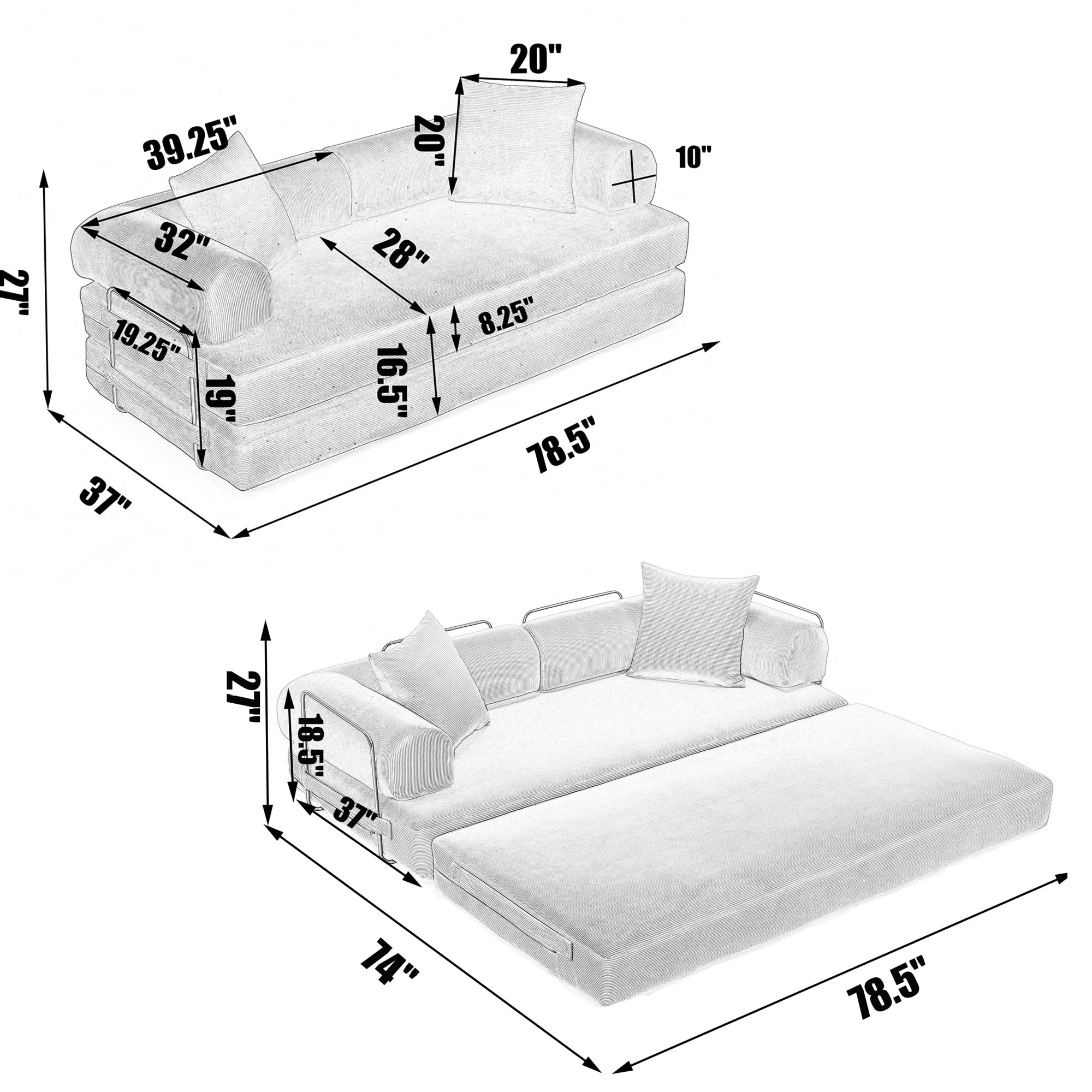 Fjzhai Sleeper Sofa Couch Bed,78.5" Corduroy 3 Seater Sofa Bed,4 in 1 Convertible Couch,Small Folding Couch for Living Room Apartment,Bedroom