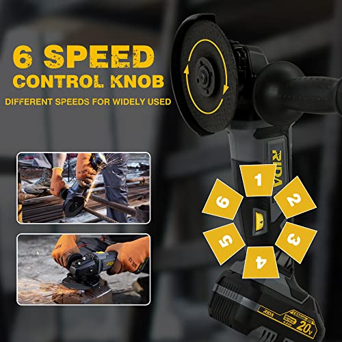 RIDA Cordless Angle Grinder Kit 20V 4 1/2 Inch 10000RPM 6 Speed Options 4.0Ah Battery & Fast Charger, Adjustable Handle Grinder for Cutting and Grinding Stone and Metal with 22Pcs Accessories