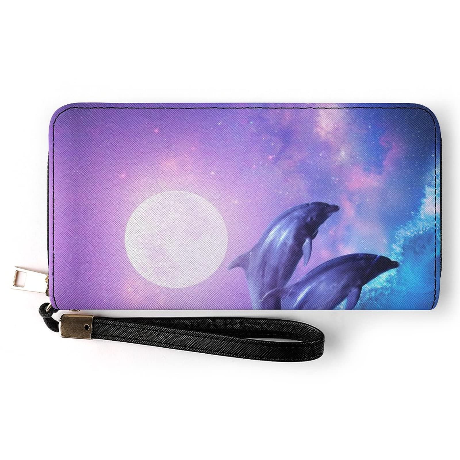 FKLCTIN Beautiful Dolphins Surfing Wave Womens Wallet PU Leather Large Wristlet Phone Holder Zip Around Clutch Purse