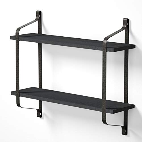 Love-KANKEI Floating Shelves Wall Mounted Industrial Wood Wall Shelves for Pantry Living Room Bedroom Kitchen Entryway, 2 Tier Heavy Duty Book Shelf Black