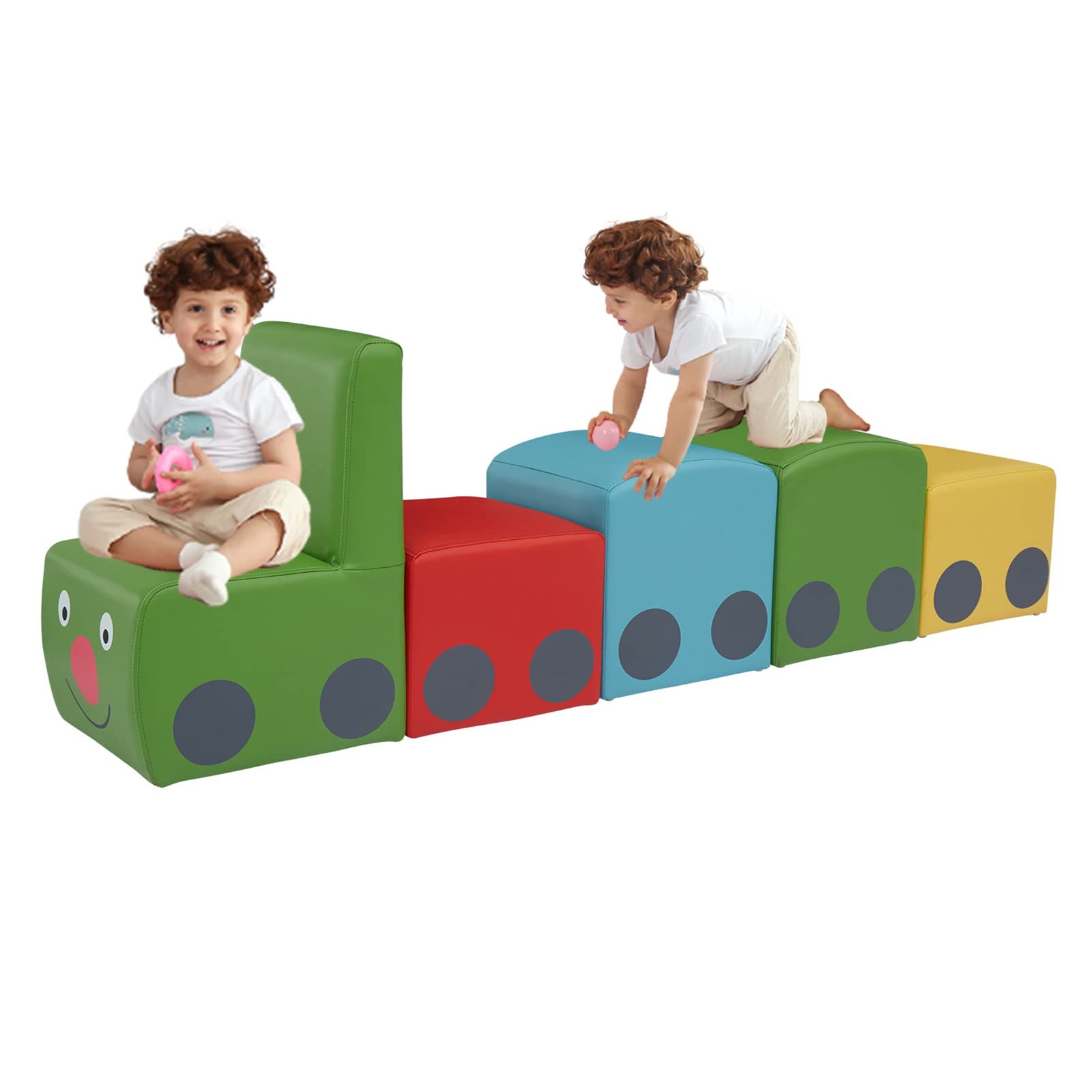 Kinsuite Kids Sofa Set - 5 Pcs PVC Leather Foam Toddler Lightweight Wooden Frame Cartoon Chair & Stools for Nursery School Daycare Kingdom Home Activity Room