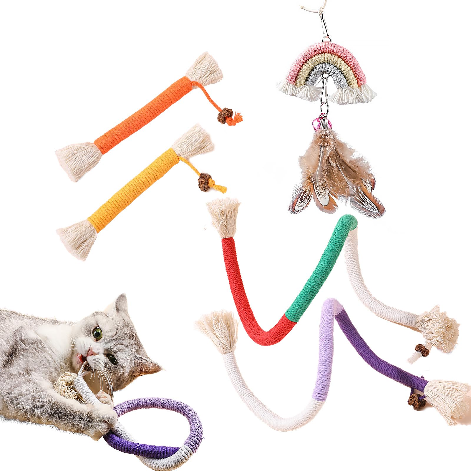 Generic Cat Chew Toys 5 Piece Set, Indoor Interactive Teasing Cotton Rope Feather Toys, Safe Dental Cleaning and Teething Toys for All Cats