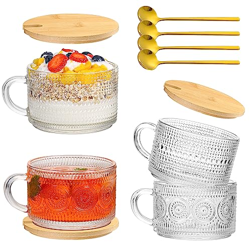 GUUTRY Vintage Coffee Mugs Set of 4: Glass Coffee Cups with Bamboo Lids and Spoons - 14 Oz Clear Embossed Glassware Tea Cups - Iced Coffee Glasses/Overnight Oats Container/Coffee Bar Accessories