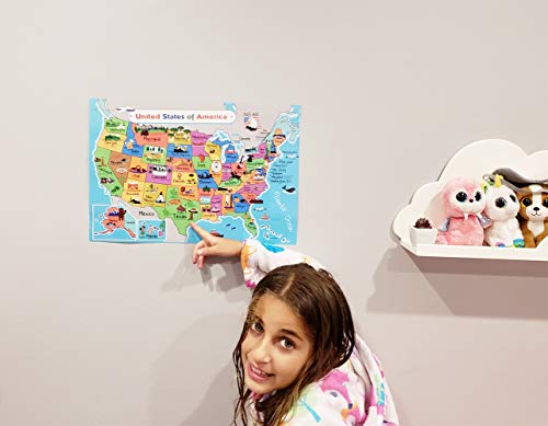 Kids United States Map | Wall Poster 13" x 19" US Map Premium Paper | 50 USA States w/Slogans & Images - Laminated