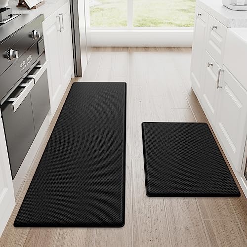 StepRite Kitchen Mat, 2PCS Kitchen Rugs, Cushioned Anti Fatigue Kitchen Mats for Floor, Non-Slip Standing Desk Mat, Waterproof Kitchen Rug Set for Kitchen, Floor, Office (17 "Ć47" +17 "Ć30 ", Black)
