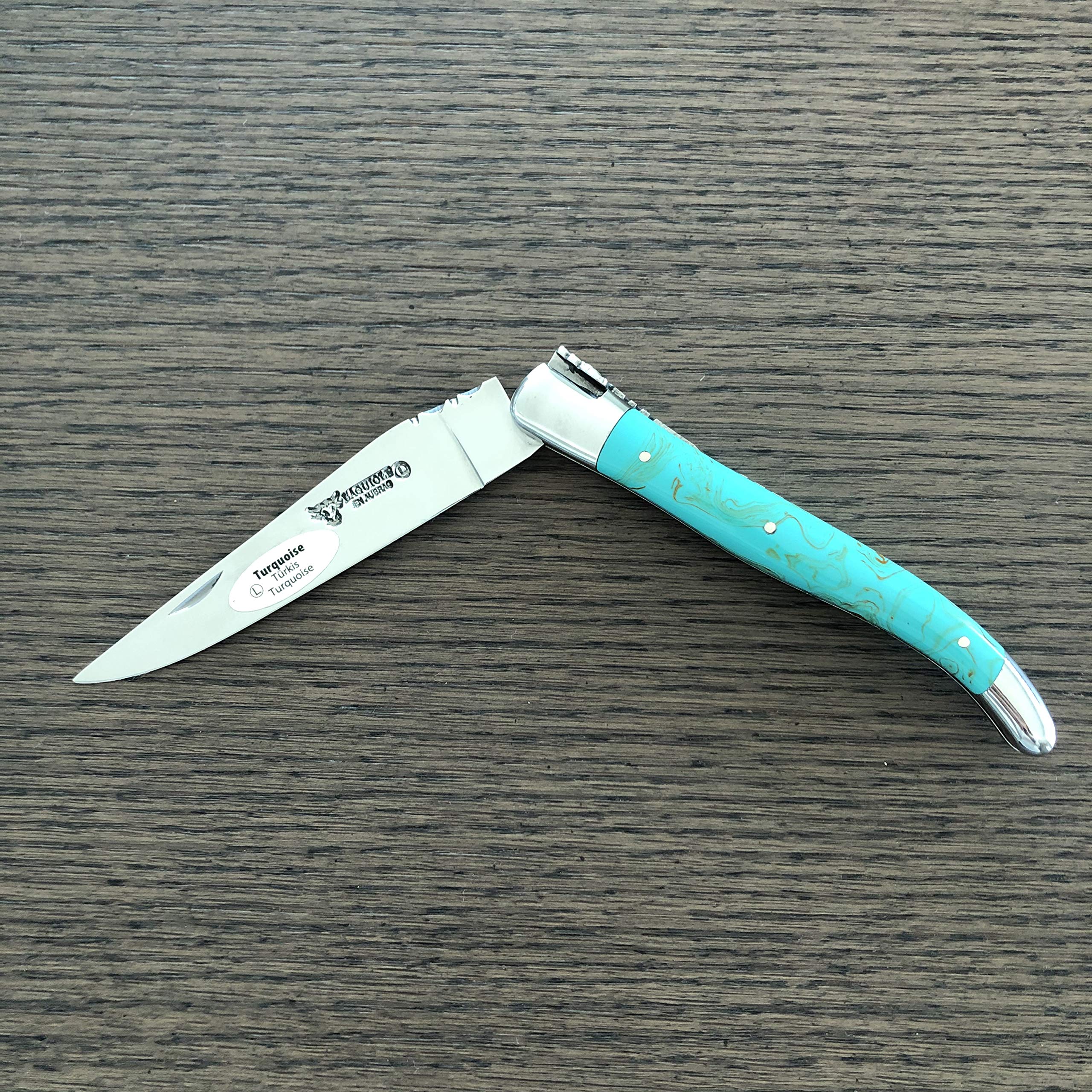 Laguiole en Aubrac Handmade Luxury Folding Pocket Knife, 4.8-in (12cm). Genuine Turquoise Handle, Hand Forged Bee, Stainless Steel Shiny Bolsters