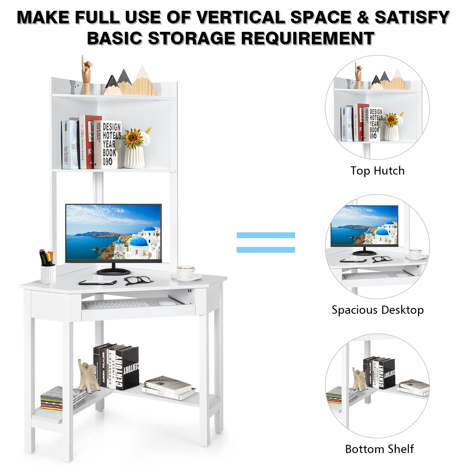 COSTWAY Corner Desk with Hutch, Compact Corner Computer Desk, Study and Writing Table with Keyboard Tray & Bottom Shelves, Space-saving Laptop PC Desk for Small Space, Home, Bedroom, Apartment (White)