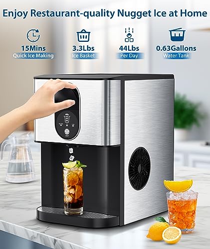 Joy Pebble Nugget Ice Maker Dispenser, Self Dispensing Pellet Ice Maker, 44lbs/24H, 15Mins Quick Ice Make, 3.3lbs Ice Storage, Ice Full Indicator, Self-Cleaning, Home, Kitchen, Bar, Party Silver