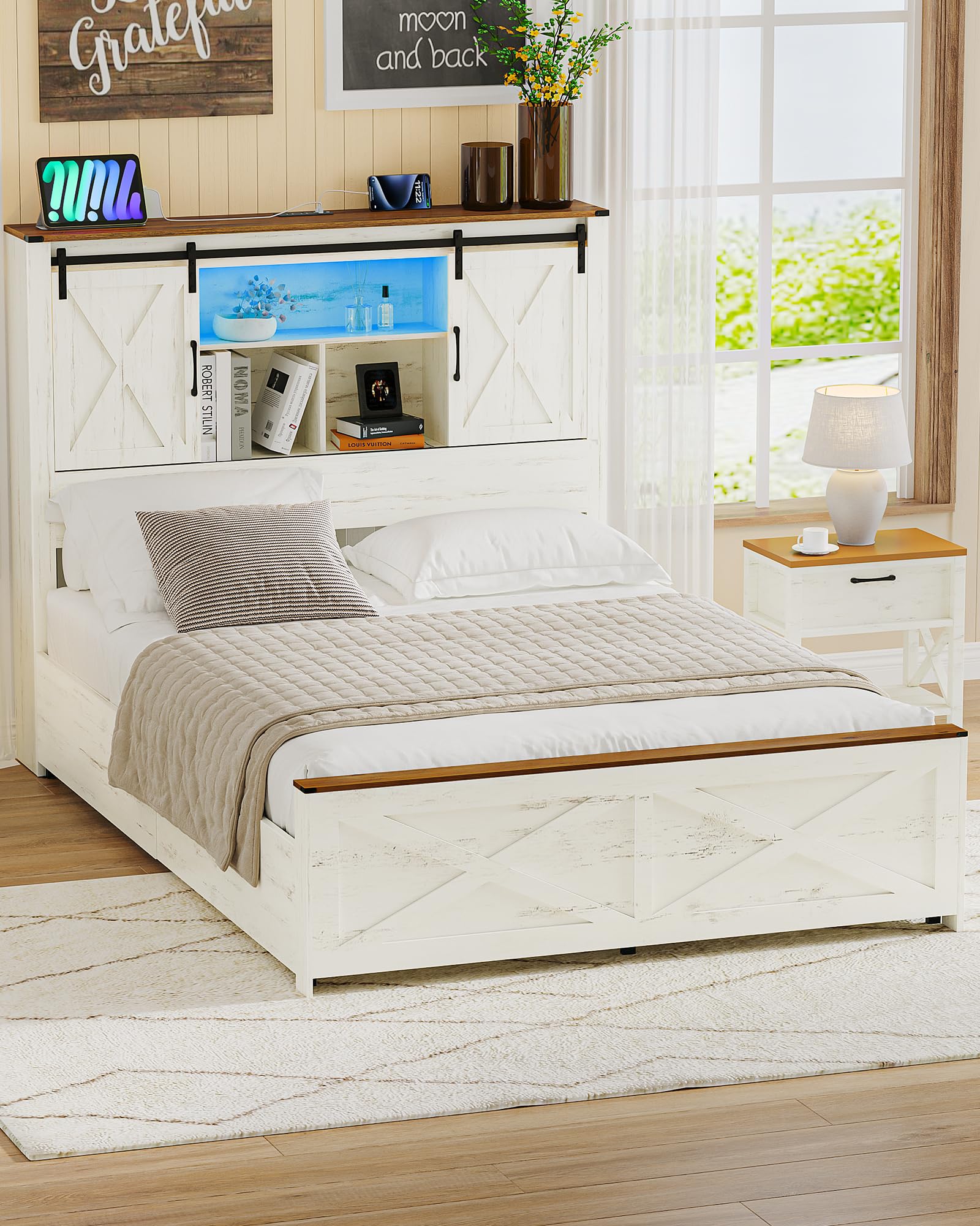 HILINSIE Full Size Bed Base Frame with Storage Bookcase Headboard, Sliding Barn Door, Heavy Duty Metal Platform Bed Frame Base with 2 Drawers, LED Lights and USB Charging Station, No Box Spring Needed